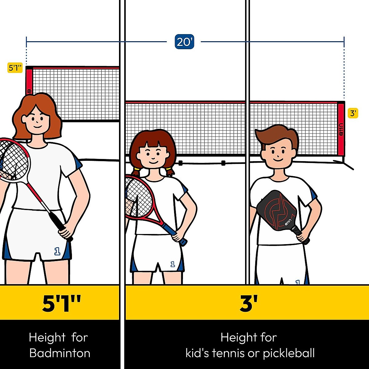 A11N 20ft Badminton Pickleball Net - Height Adjustable for Junior Tennis, Soccer Tennis & Kids Volleyball - Portable for Indoor & Outdoor Play