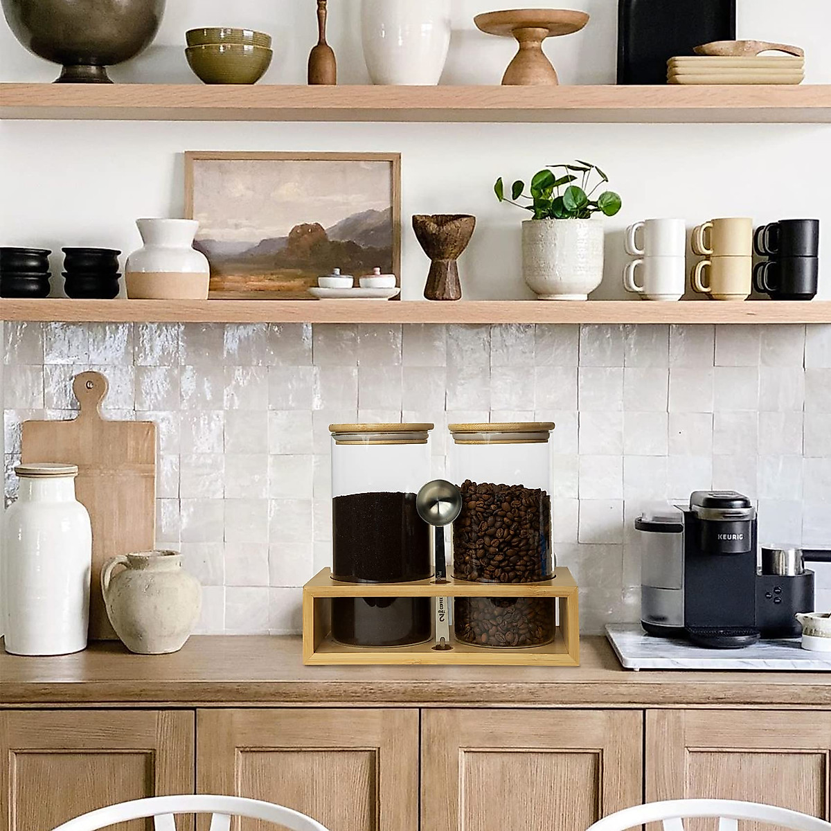 Glass Coffee Containers With Shelf, Coffee Bar Organizer And Accessories, Coffee Jars With Spoon, 2x 49oz Coffee Bean Storage Airtight Sealed Coffee Canister For Coffee Bean, Ground Coffee, Nuts