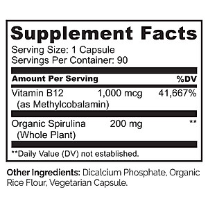 NATURELO Vegan B12 - Methyl B12 with Organic Spirulina - High Potency Vitamin B12 1000 mcg Methylcobalamin - Supports Healthy Mood, Energy, Heart & Eye Health - 90 Capsules