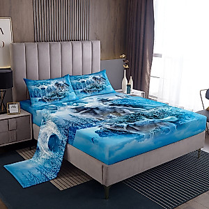 Snow Wolf Sheet Set Full Size Wild Animal Theme Bedding Set for Kids Boys Teens Room Decor, 3D Wolf and Trees Print Bed Sheet Set 4pcs with Deep Pocket Fitted Sheet + Flat Sheet + 2 Pillowcases