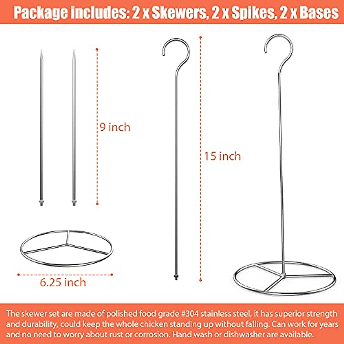 6 Pieces Stainless Steel Vertical Skewer Set, (2x15''Skewers,2x9‘’Spikes& 2x6.25‘’Bases), Multifuntion Barbecue Spike& Poultry Hanger Set for Webber,Bronco, Pit Barrel,Green Egg Smoker,etc
