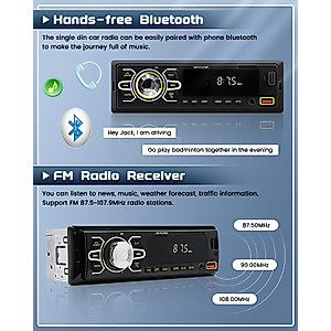 Single Din Car Stereo - Multimedia Bluetooth Audio and Hands-Free Calling, Built-in Mic, MP3 Player, No CD/DVD Player, USB Playback & Charging, AUX/TF Input, FM Radio, Remote/App Control