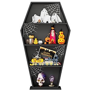 Eostbe Halloween Goth Coffin Bookshelf 48’’H - Wood Tall Coffin Shelf with Spider Web Gothic Decor，Crystal Shelf for Display, Black Spooky Curio Shelf for Home Decor, Witchy Room Decor for Oddities