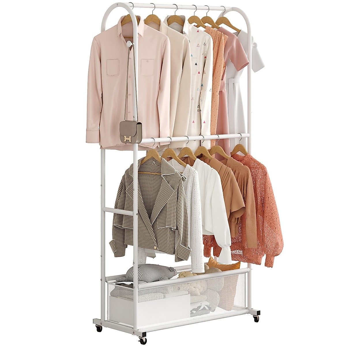 MOYIPIN Double Rods Clothing Rack with Wheels,Clothing Rack for Hanging Clothes Coat Scarves Bags,Multi-functional Bedroom Garment Rack,4 Hooks,White