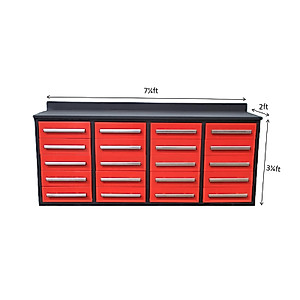 TTBKA Product Dimensions：87"x23"x39", 7' Garage Storage Cabinets with Workbench 20 Drawers High Capacity, All Welded Steel, 3 Rail Sliding, Heavy-Duty Double Slides on Large Drawers