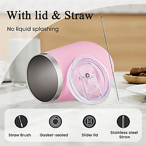 MEWAY 12oz Insulated Wine Tumbler with Press-In Lid, Double Wall Vacuum Stainless Steel Travel Tumbler with Straw,Travel Cup for Coffee and Drinks, Gift for Woman Under 10 dollars(Pink,1)
