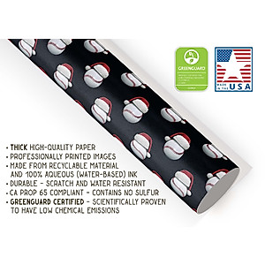 Cute Santa Hat Baseball Gift Wrap Thick Wrapping Paper Bball Themed Christmas Holiday Party Decoration (One 20 inch x 30 inch sheet)