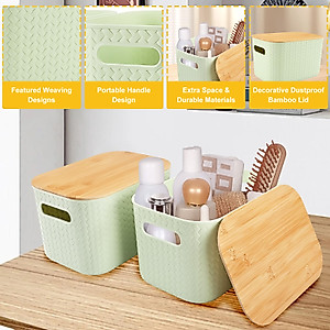 2 Packs Storage Bins with Bamboo Lids,Plastic Stackable Storage Containers,Storage Box Storage Baskets Lidded Organizer Bins for Shelves Drawers Desktop Closet Playroom Classroom Office (Green)