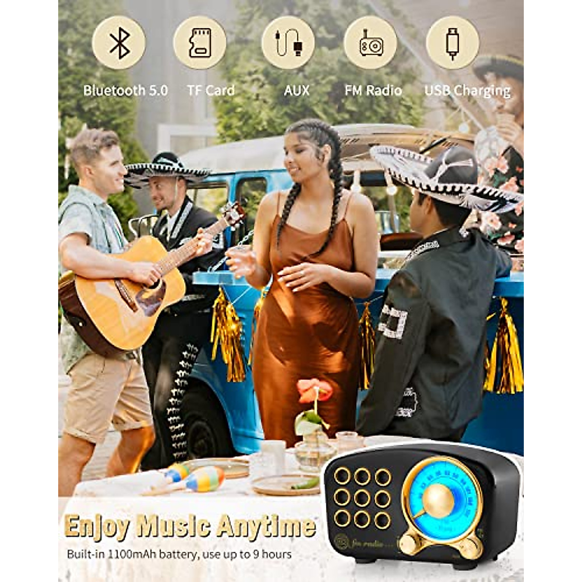 Retro Radio Bluetooth Speaker, Vintage Radio FM Radio with Old Fashioned Classic Style, Strong Bass Enhancement, Loud Volume, Bluetooth 5.0 Connection, TF Card Slot and MP3 Player (Black)