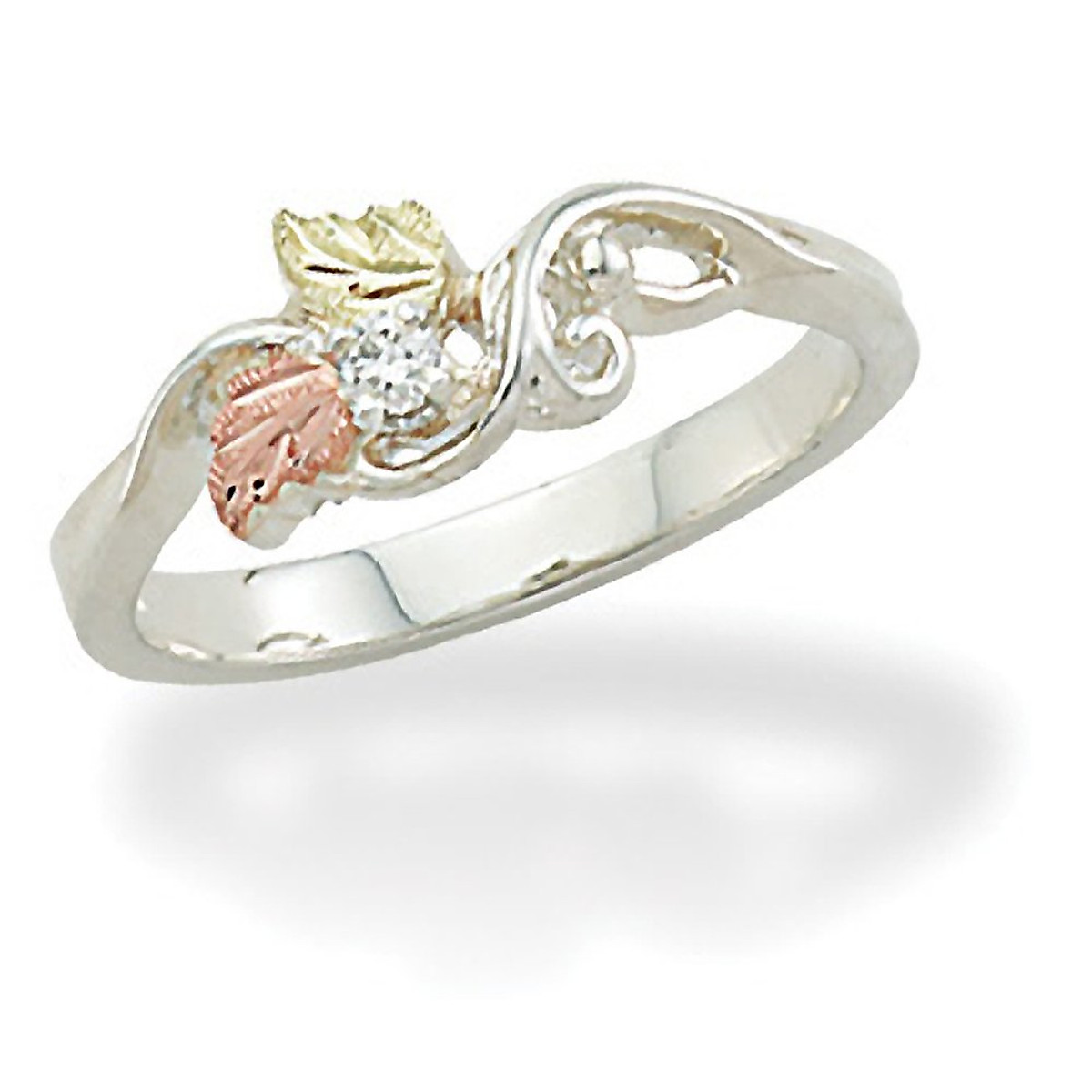 Black Hills Gold Ladies Diamond (.05 tw) Ring in 925 Sterling Silver and 12k Gold Leaves - Size 10