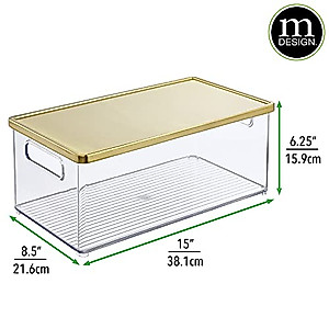mDesign Plastic Kitchen Storage Bin - Stackable Fridge, Pantry Cabinet, Freezer Organizer - Food Storage Bin Box w/Handles, Steel Lid - 15" Long - Ligne Collection - 2 Pack - Clear/Soft Brass