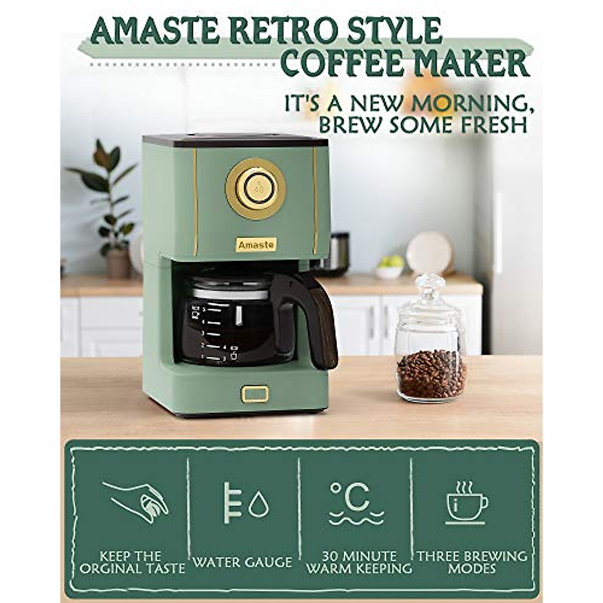 Amaste Retro Coffee Maker & Toaster Set- Matcha Green