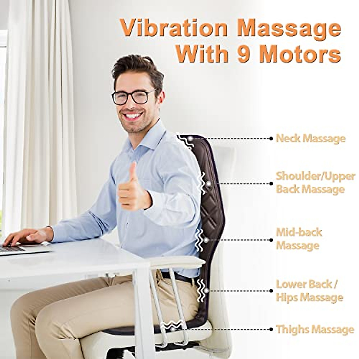 AOVOJRM Vibration Back Massager with Heat,Massage Chair Pad to Release Stress and Fatigu,9 Vibration Massage Nodes & 2 Heat Levels, Chair Seat Massager for Home Office, Gifts for Women/Men,PU Leather