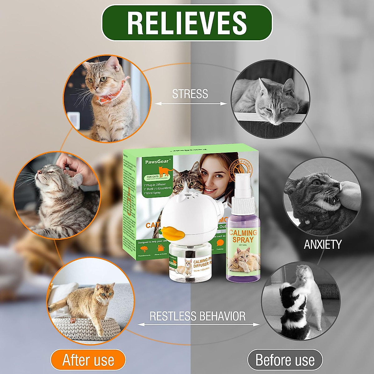 PawsGear Cat Calming Pheromone Diffuser and Spray,Relieve Anxiety Stress Reduce Fighting and Scratching,Fits All Cats
