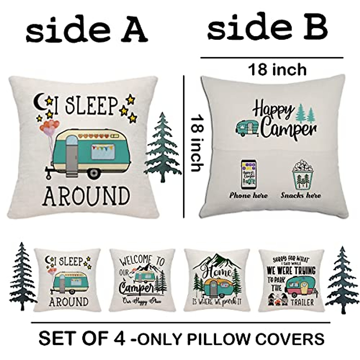 OCCdesign Set of 4 Camper Decor Rv Travel Trailer Decoration for Inside Camping Pillow Cover for Bedding Sofa Couch (Welcome to Our Camper)
