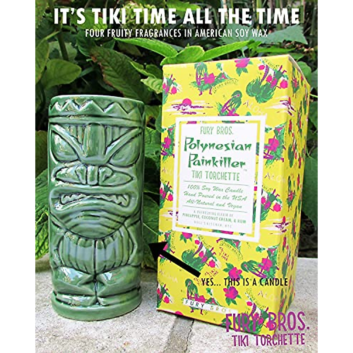 Tiki Torchette Candles from Fury Bros. | A 70-Hour Transport to The Tropics | Polynesian Painkiller - Pineapple, Coconut Cream, and Rum |Soy Wax, Vegan Friendly | Hand Poured in The USA, 12 oz