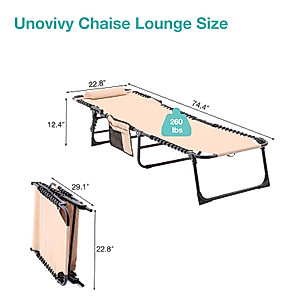 Unovivy Set of 2 Outdoor Lounge Chairs Fold TanningChair 4-Level Adjustable, Portable Pool LoungeChair with Headrest&SidePocket, Khaki