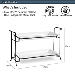 ONEMORE 2-Tier Serving Tray, Collapsible Food Display Stand with Microwave Freezer and Oven Safe Rectangular Ceramic Platters Perfect for Indoor/Outdoor Celebrations and Parties - Bright White