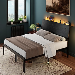 Einhomn Queen Size Metal Bed Frame with LED Lights & Charging Station, Ergonomic Platform Bed with Wooden Storage Headboard, Heavy-Duty Metal Base, 12" UnderBed Storage, No Box Spring Needed, Black