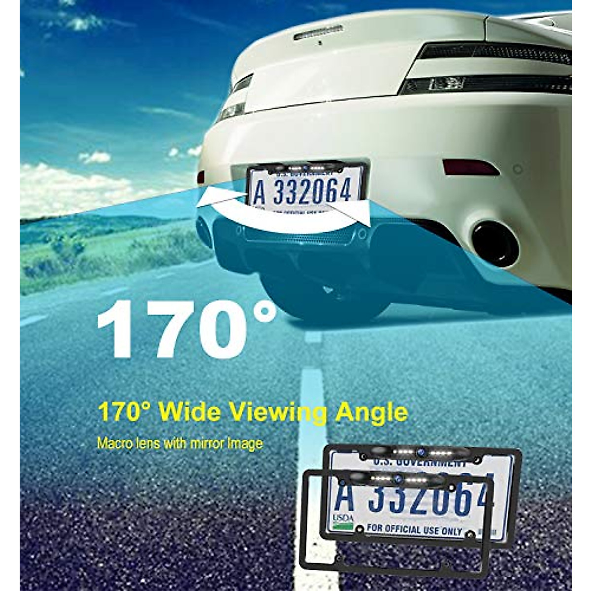 JPP License Plate Backup HD Camera, Rear View Camera 170° Viewing Angle Universal Night Vision Waterproof High Sensitive 7 Bright LED Reversing Car Camera
