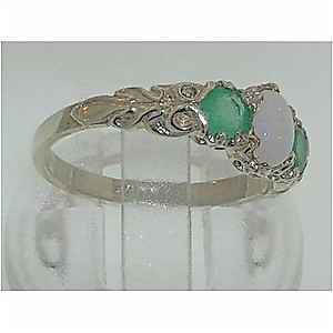 LetsBuyGold 925 Sterling Silver Real Genuine Opal and Emerald Womens Trilogy Engagement Ring - Size 6