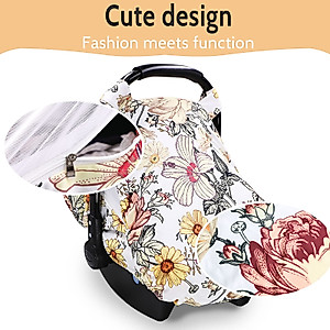 Floral Car Seat Insert,Cushion for Stroller, Swing, Bouncer, 2-in-1 Reversible, Floral Baby Car Seat Cover for Girl,Infant Carseat Canopy Sun Cover，Baby Carrier Cover with Zipped Peep Windows