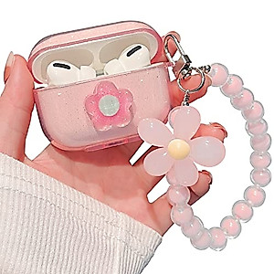 MINSCOSE Cute Airpod pro Case,Cute 3D Flower Clear Cover Case with Pretty Pink Crystal Flower Keychain Soft Silicone Smooth Shockproof Compatible with Airpods Pro Charging Case for Girls Women