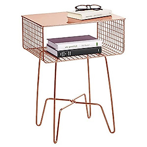 mDesign Steel Side Table Nightstand with Storage Shelf Basket for Bedroom, Living Room, Home Office; Rustic Bedside End Table, Industrial Modern Accent Furniture - Concerto Collection - Rose Gold