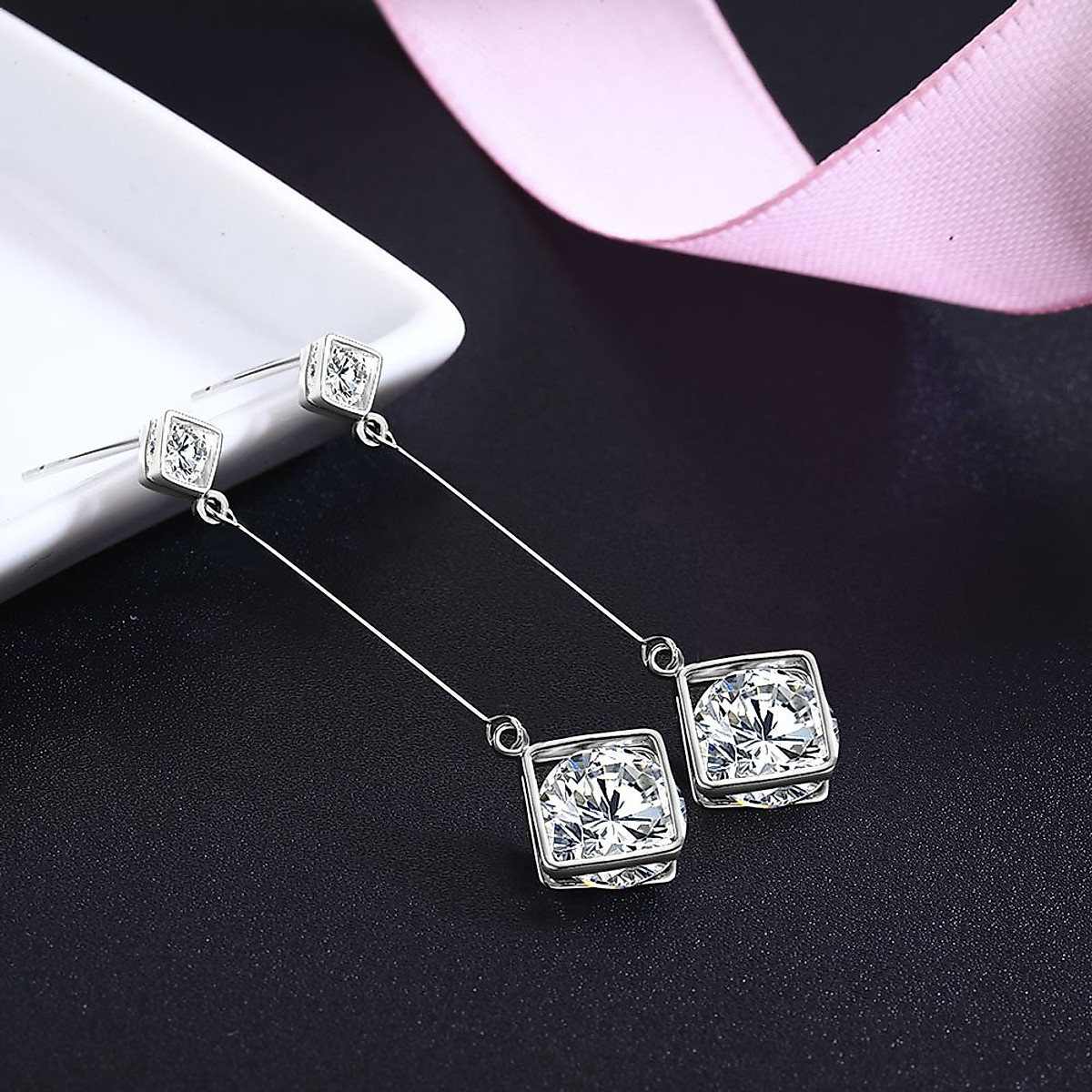 SBLING Platinum-Plated Cubic Zirconia Drop Earrings, 3.9 cttw, Cube