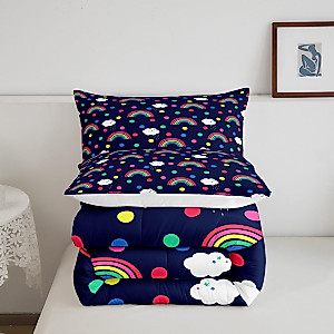 Full Size Cute Rainbow Bedding Set Boys Girls Lovely Kids Rainbows Comforter Set for Kids Women Men Ultra Soft Kawaii Cloud Rainbow Comforter Polka Dots Duvet Set Room Decor Quilt Set