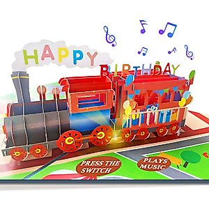 3D Music Cartoon Train Birthday Card, 3D Pop Up Birthday Greeting Cards with Music, Play Happy Birthday Music for Wife, Husband, Him, Her,Kids, Men and Women