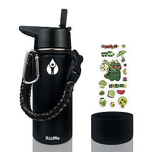 XccMe Kids Stainless Steel Water Bottle,16oz Kids water bottle for School,Insulated Kids Thermos with Straw Lid,Silicone Boot,16 Personalize Dinosaur Stickers and Paracord Handle(Red)
