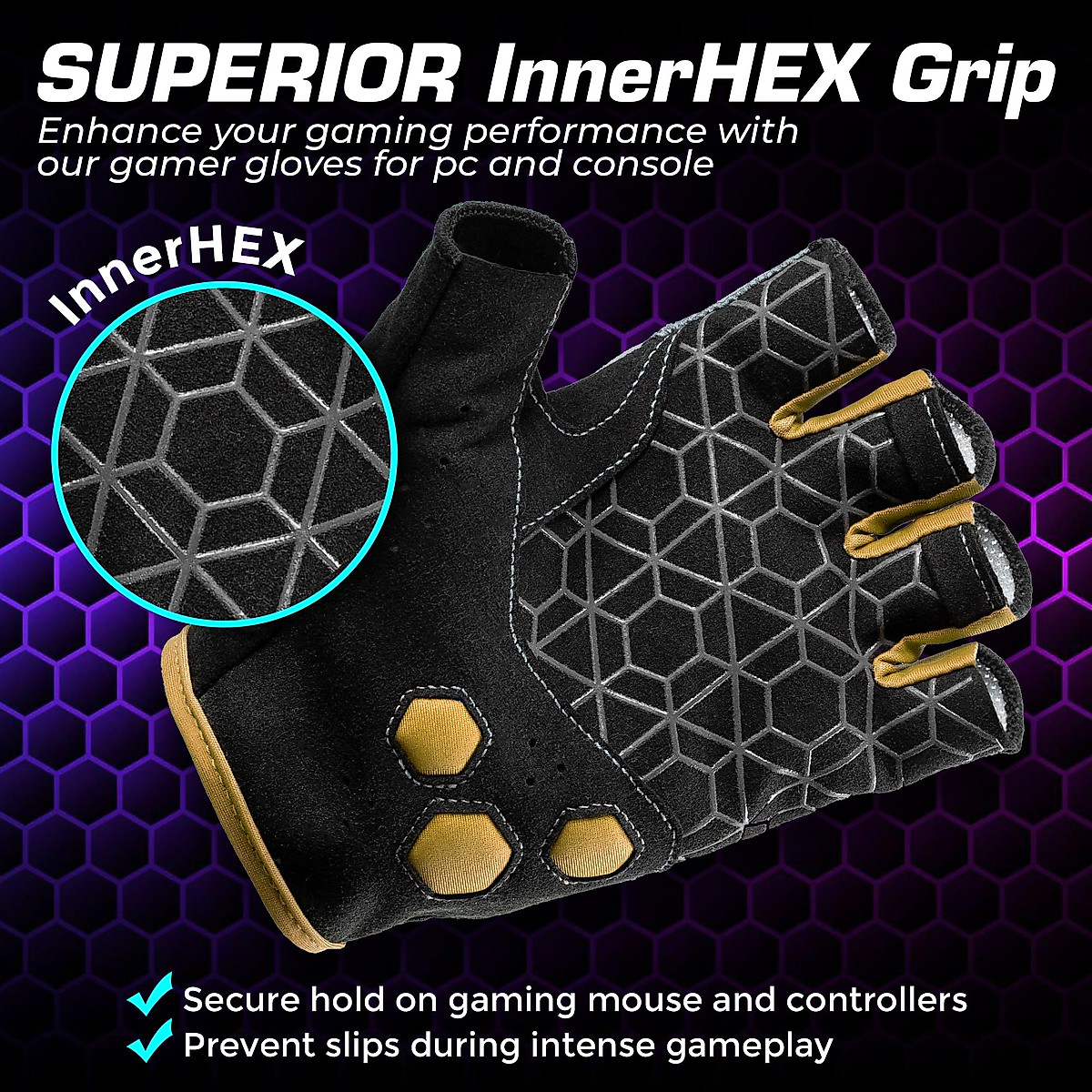 CTEN Series Gaming Gloves - Great Comfort and Grip, Perfect Gaming Gloves for Sweaty Hands, Ideal Gamer Gloves for PC, VR Gloves, Gray-Gold-Large