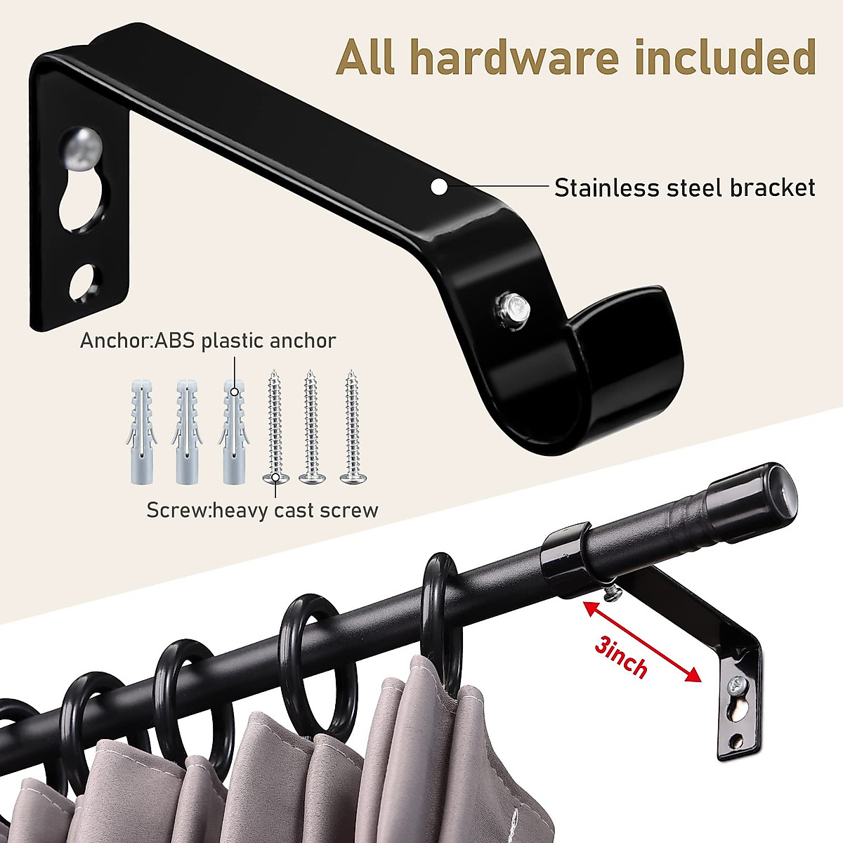 Black Curtain Rods for Windows 28 to 48 Inch - 5/8 Inch Small Curtain Rods 2 Pack - Heavy Duty Cafe Drapery Rods with Brackets - Rustic Matte