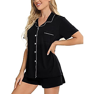 SWOMOG Women's Button Down Pajama Set V-Neck Short Sleeve Sleepwear Soft Pj Sets S-XXL A- Black