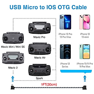 1FT 90 Degree USB Micro to iOS DJI Remote Controller Cable for DJI Mavic Mini(1st Generation), Mini SE, DJI Mavic Pro, Spark, 2 Pro Zoom, Mavic Air, Platinum, Phone/Tablet Data OTG Cord Accessories