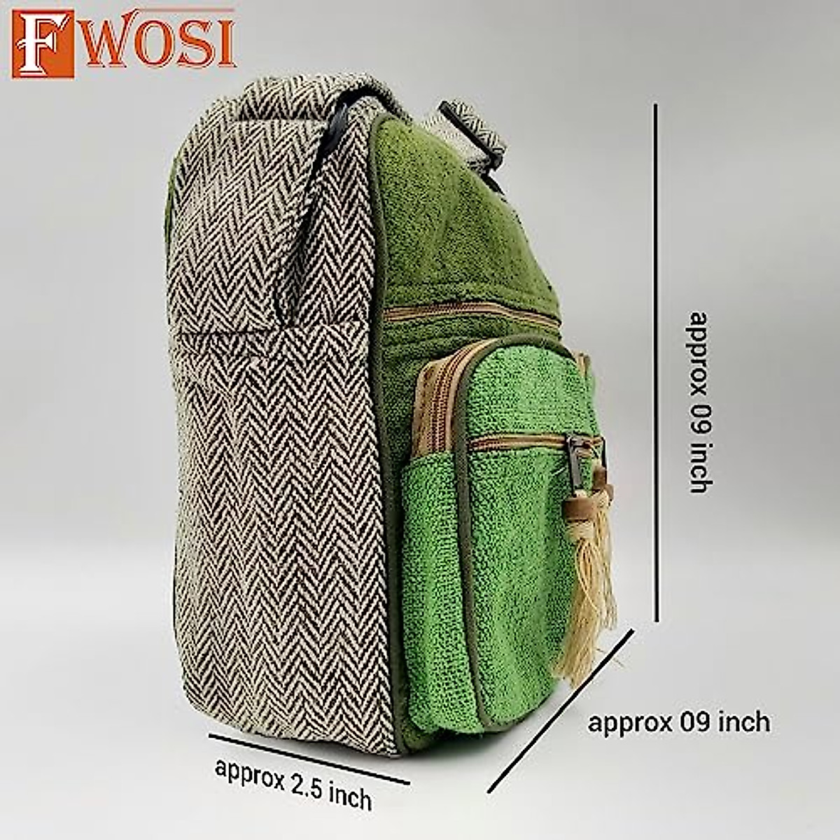 Fwosi Hemp Crossbody Messenger Bag - Unisex School Tote for Men & Women - Lightweight, Bohemian Shoulder Sling Bags - 4 Compartments, Zipper Closure, Adjustable Strap - Handmade in Nepal - Green