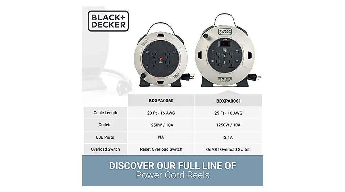BLACK+DECKER 25 Ft Retractable Extension Cord Reel w/ USB