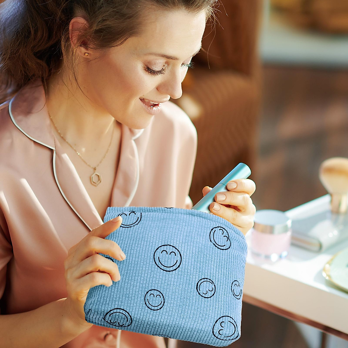 3 Pcs Smile Face Makeup Bag Corduroy Cosmetic Bag 3 Sizes Aesthetic Preppy Makeup Bags for Women Teen Girls Corduroy Toiletry Pouch Travel Smile Dots Bags Washable Skincare Bag (Light Blue Grey)