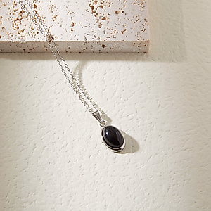 PEPELUALI 16" 925 SILVER Handmade Vintage Black Onyx Pendant Necklace, Oval black glaze energy healing crystal pendant necklace jewelry, Inspirational Gifts for Women, Mom, Sister