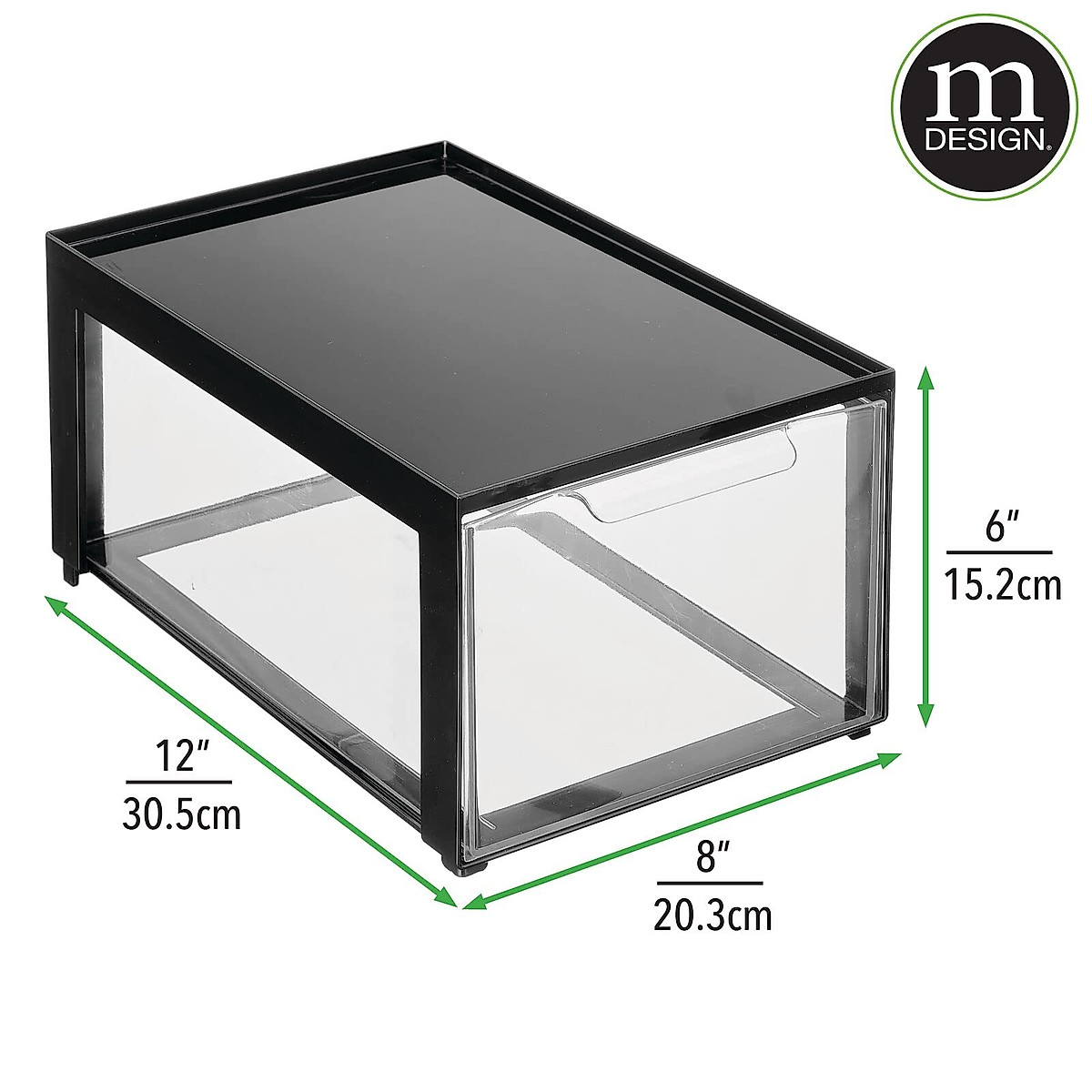 mDesign Plastic Stackable Office Storage Organizer Bin with Pull Out Drawer for Cabinet, Desk, Shelf, Cupboard, Cabinet, or Closet Organization - Lumiere Collection - 2 Pack - Black/Clear