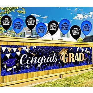 2023 Graduation Banner Decoration Set, Large Congrats Grad Banner with 8 Pieces Balloons Blue and Gold Class of 2023 Yard Sign for High School College Graduation Party Outdoor Hanging Decorations(blue)
