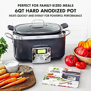 GreenPan Elite 8-in-1 Programmable 6 Quart Electric Slow Cooker, GlassLid & Removable Crock, PFAS-Free Healthy Ceramic Nonstick Multi-Cooker,Sear, Sauté/Brown,Roast, Graphite + Slow Cooker Cookbook