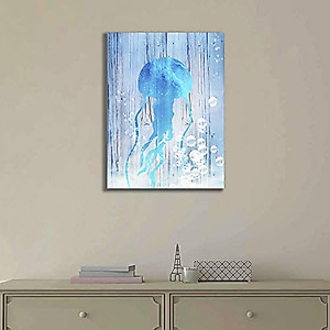 USIXA Mermaid Wall Decor for Bathroom and Girls Room with Set of 2 Panels, Blue Jellyfish Canvas Artwork 12x16 Inches in Wooden Frame