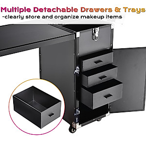 BYOOTIQUE Rolling Manicure Table Foldable Nail Table Makeup Train Case with Desk Cosmetic Trolley Travel Storage Organizer with 4 Drawers Mirror & Speaker for Technician Workstation Salon, Black