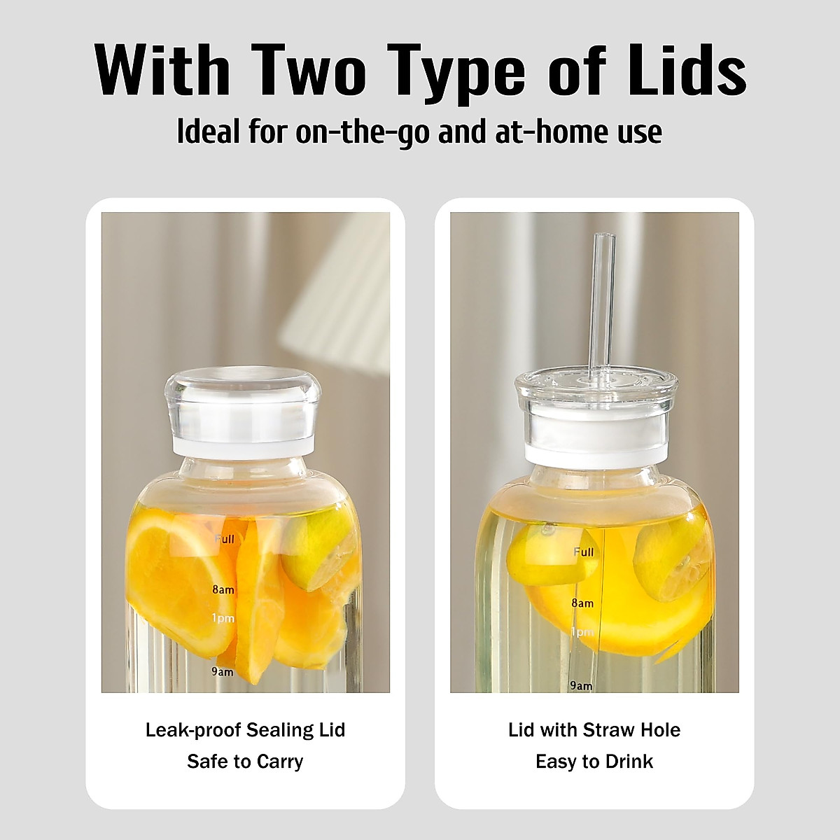 Joeyan 22 oz Glass Water Bottle with Straw and 2 Lids,Drinking Jars with Cleaning Brush Sleeve and Time Marker,Clear Tumbler,Leakproof Iced Coffee Cup,Large Smoothie Boba Tea Glasses,Dishwasher Safe