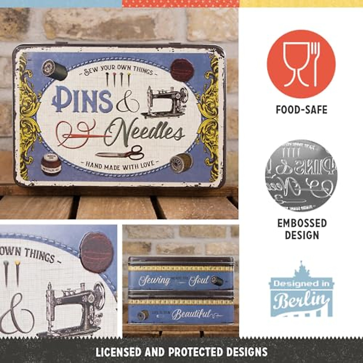 Nostalgic-Art Retro storage tin box flat, 84.5 oz, Pins & Needles Sewing Box – Gift idea for your home, metal can with lid, vintage design