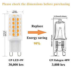 G9 LED Bulb Warm White Non-dimmable, 400Lumens 4W G9 Light Bulbs 40W Halogen G9 Bulb Equivalent,120V T4 Pin Base JC Type for Chandelier, 5 pack
