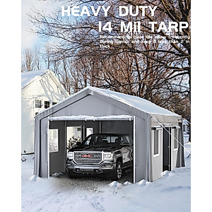 GAOMON 13x20 Ft Heavy-Duty Carport with Detachable Sidewalls, Front and Rear Doors, Sandbags and All-Season Waterproof Fabric Suitable for Cars, Boats, Trucks and Motorcycles (Silver Grey)