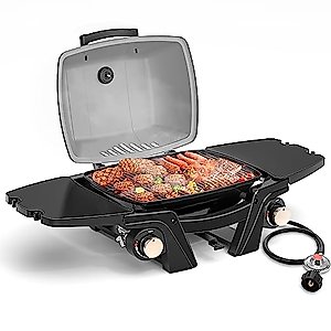 Ooiior Portable Gas Grill, Small Gas Grills Propane, Tabletop Gas Grill Outdoor Camping Grill BBQ Grill 24000 BTU with 2 Burners, Removable Side Tables, Built in Thermometer, Grey